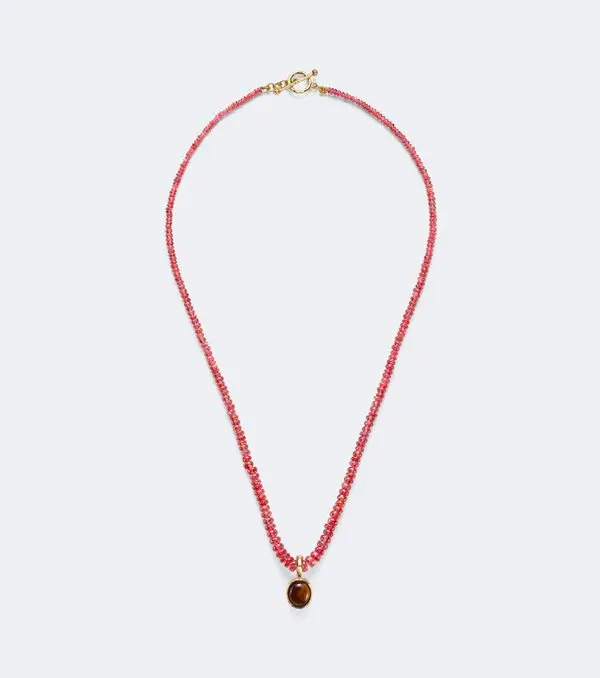 OCTAVIA ELIZABETH 18kt Beaded Necklace With Red Spinels And Tiger's Eye Pendant - Gold