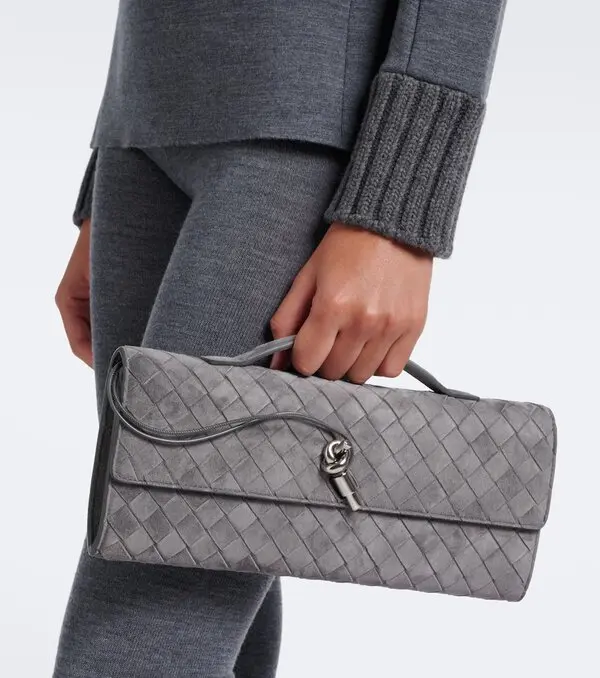 Bottega Veneta Andiamo Intrecciato Suede Clutch - Grey