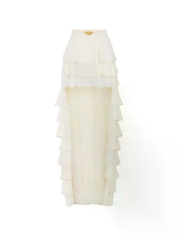Elisabetta Franchi Georgette Skirt With Ruffles And Feather Brooch - Neutrals