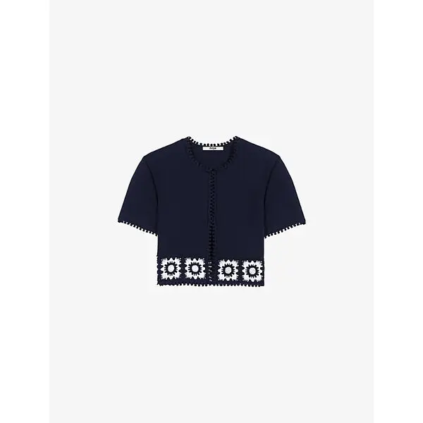 Maje Short-sleeved Crochet-panel Knitted Cardigan - Navy