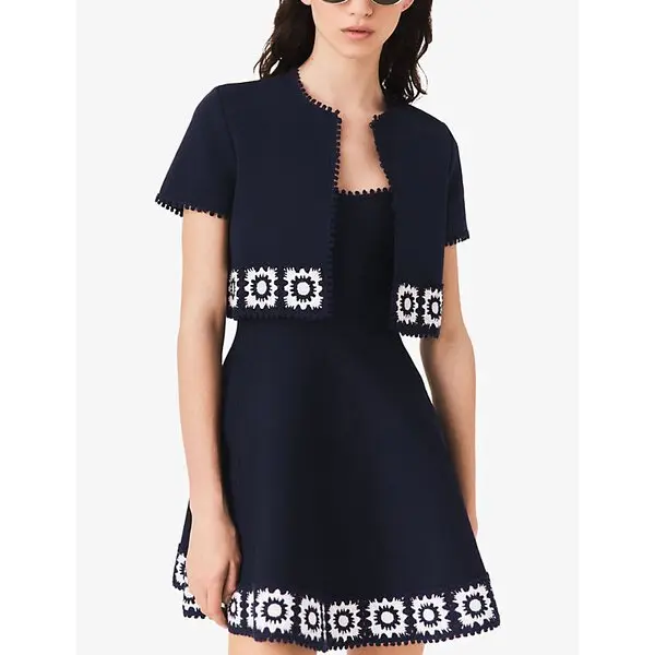 Maje Short-sleeved Crochet-panel Knitted Cardigan