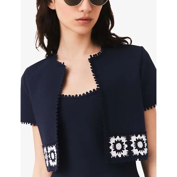 Maje Short-sleeved Crochet-panel Knitted Cardigan