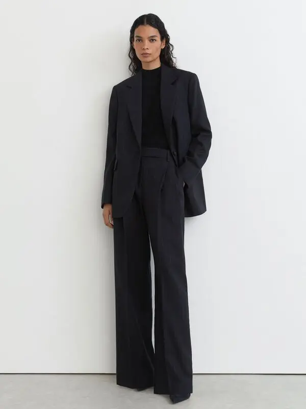 REISS Wool Pinstripe Wide-leg Suit Trousers - Navy