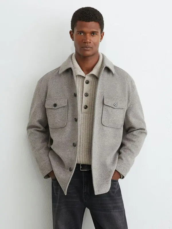 REISS Wool-blend Twin-pocket Overshirt - Soft Grey