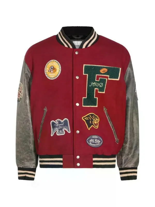 FOUND Crimson Letterman Jacket With Leather Sleeves And Patch Details