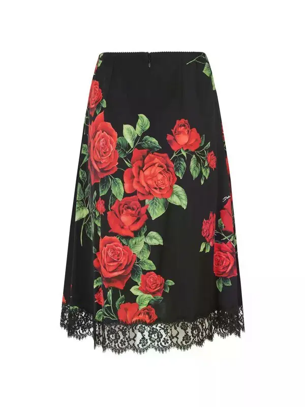 Dolce & Gabbana Rose Print Lace Trim Midi Skirt - Black