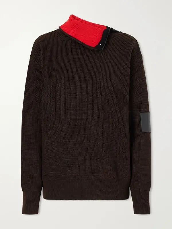 Loewe Zip-detailed Leather-trimmed Ribbed Wool-blend Turtleneck - Brown