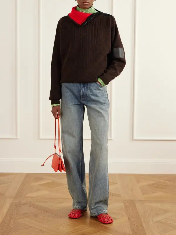 Loewe Zip-detailed Leather-trimmed Ribbed Wool-blend Turtleneck