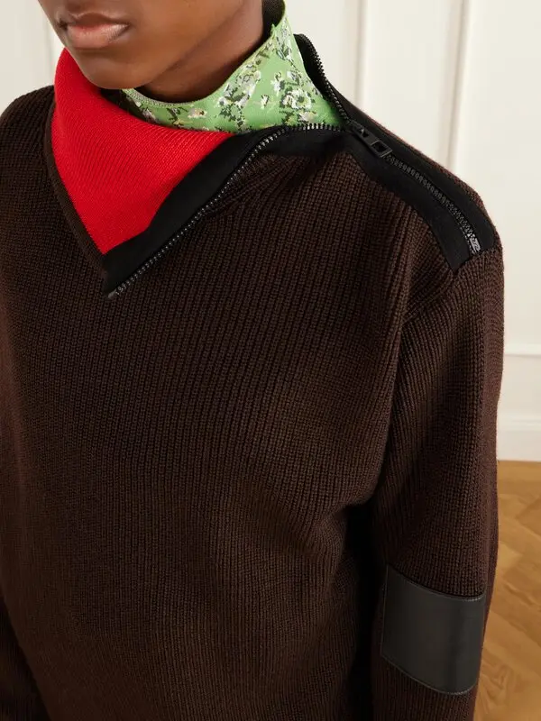 Loewe Zip-detailed Leather-trimmed Ribbed Wool-blend Turtleneck