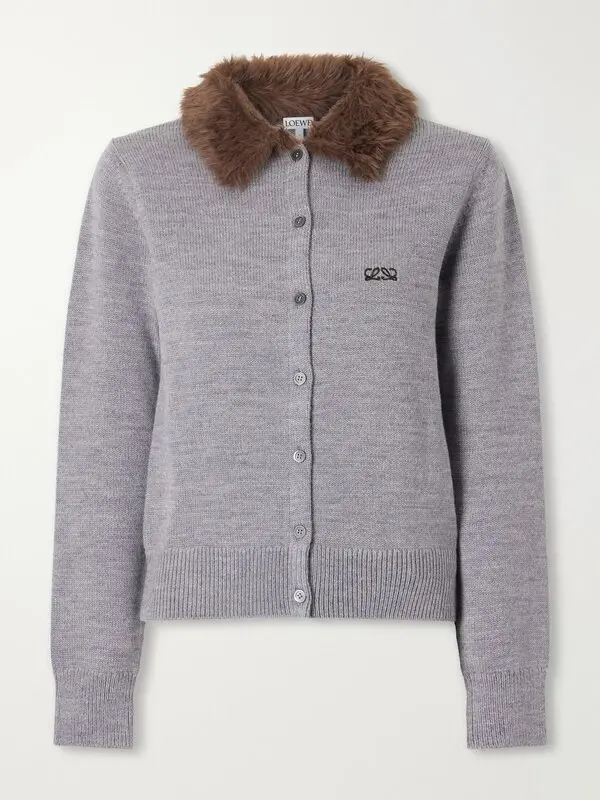 Loewe Plush-trimmed Logo-embroidered Wool Cardigan - Gray
