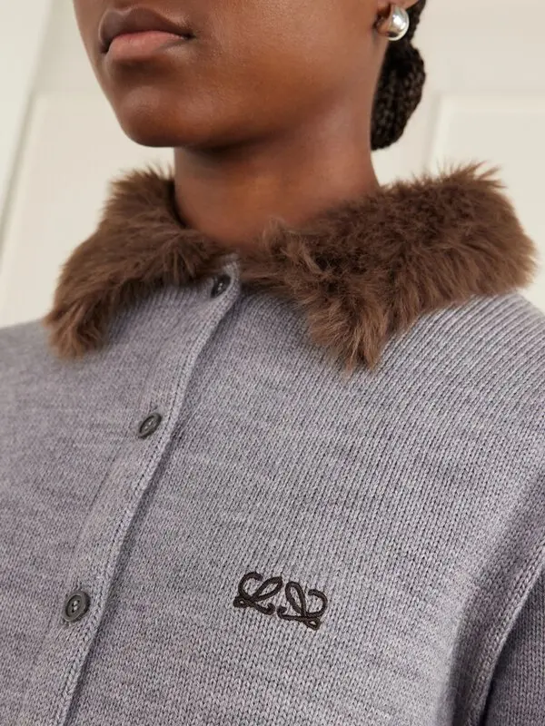 Loewe Plush-trimmed Logo-embroidered Wool Cardigan