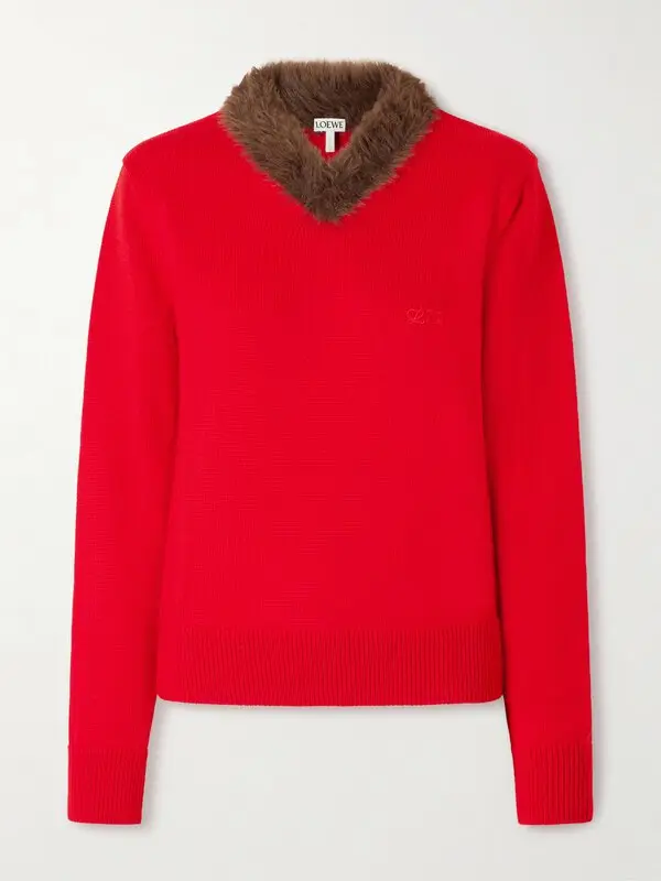 Loewe Plush-trimmed Ribbed Wool Sweater - Red