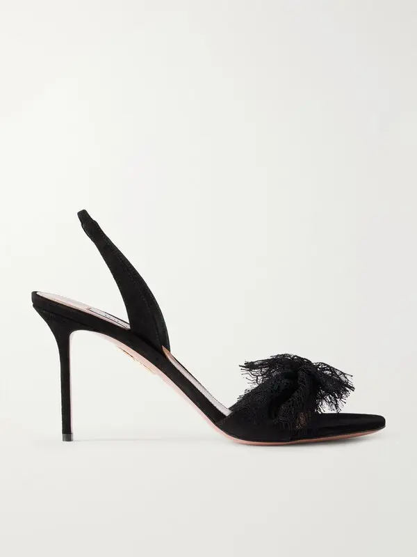 AQUAZZURA Lover 85 Lace-trimmed Suede Slingback Sandals - Black