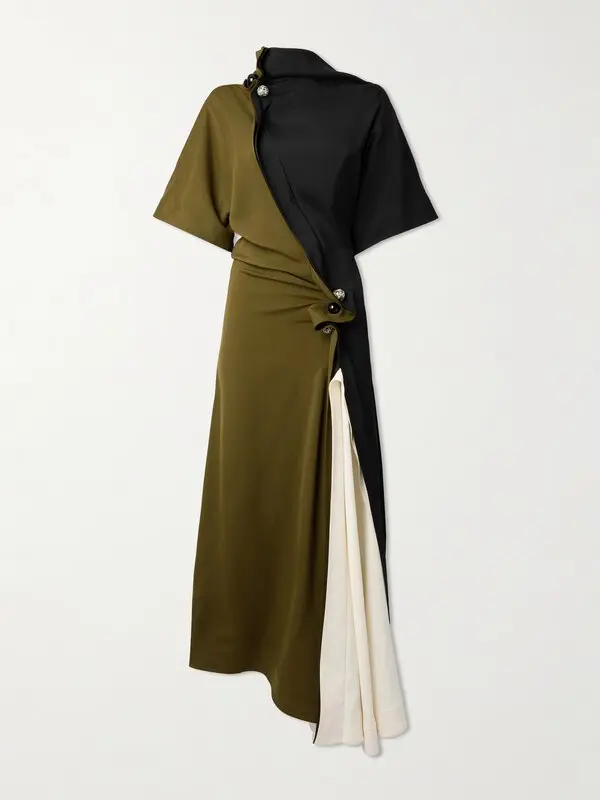 Bottega Veneta Draped Asymmetric Colour-block Satin Midi Dress