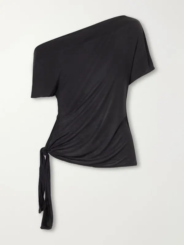 ST. AGNI Off-the-shoulder Asymmetric Tie-detailed Tencel™ Lyocell Blouse - Gray