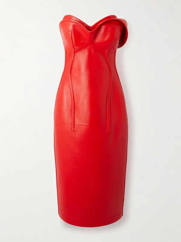 Bottega Veneta Strapless Layered Leather Midi Dress - Red
