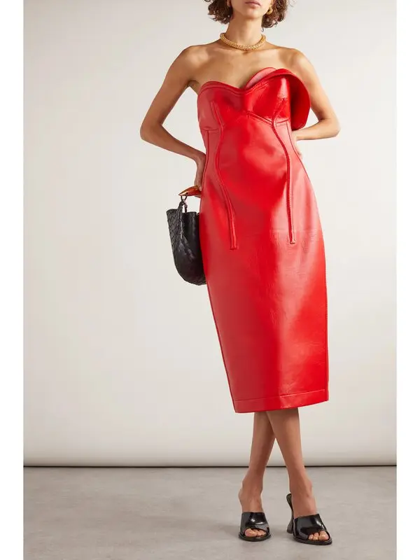 Bottega Veneta Strapless Layered Leather Midi Dress