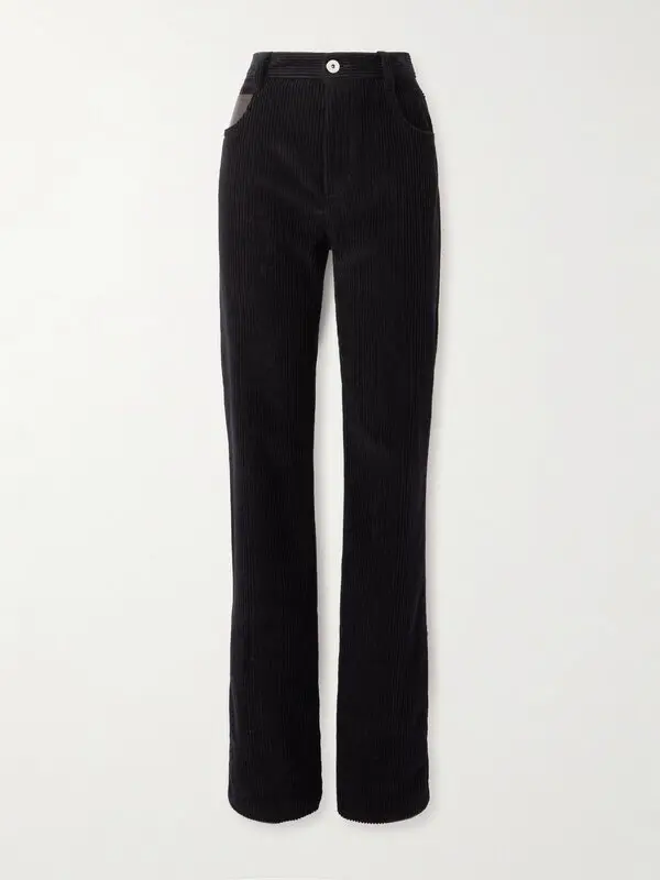 Bottega Veneta Leather-trimmed Cotton-corduroy Straight-leg Pants - Blue