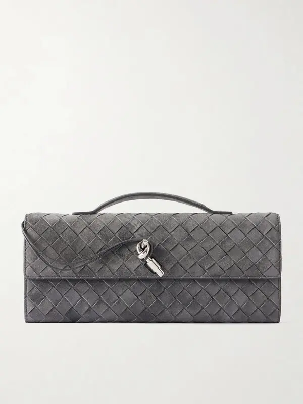 Bottega Veneta Suede Intrecciato Clutch - Gray