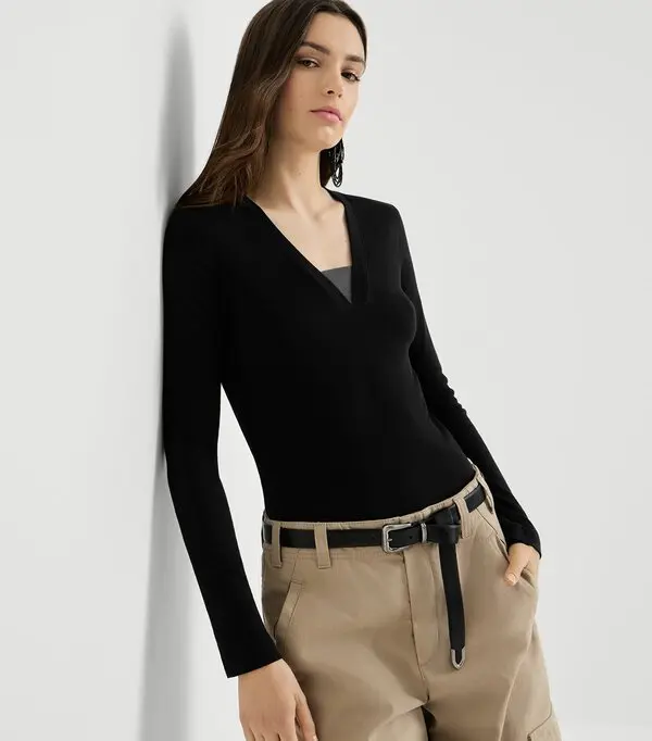 Brunello Cucinelli Monili Embellished V-neck Long-sleeve T-shirt