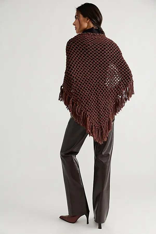 Free People Crochet Poncho Jacket With Fringe Trim - Ganache
