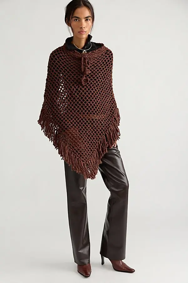 Free People Crochet Poncho Jacket With Fringe Trim - Ganache