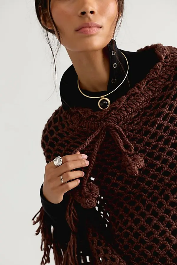 Free People Crochet Poncho Jacket With Fringe Trim - Ganache