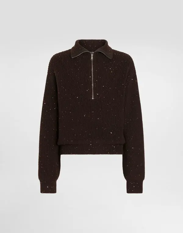Dolce & Gabbana Wool Turtleneck Pullover With Sequins Sweaters And Cardigans - Brown