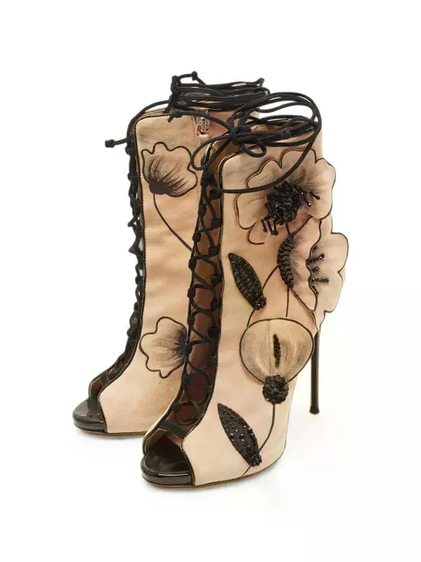 GIUSEPPE ZANOTTI Floral-appliqués Lace-up Heeled Pumps - Neutrals