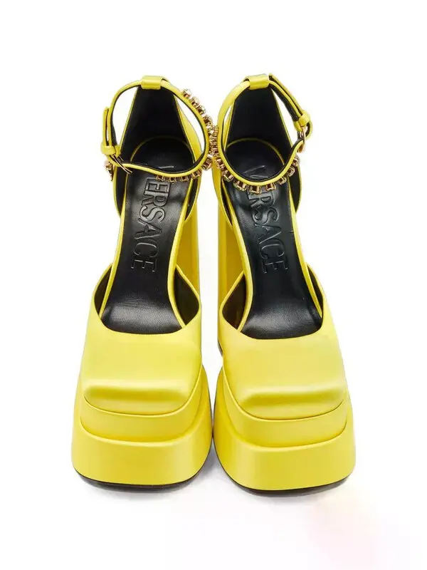 Versace Platform Pumps With Crystal Embellishments And Buckled Ankle Strap
