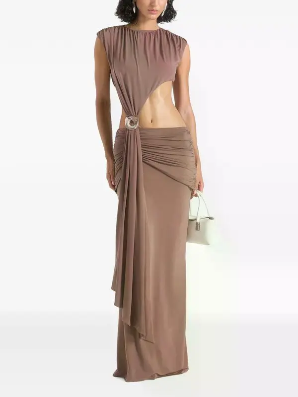 Manière De Voir Ashley In Taupe Asymmetric Cut-out Hardware Detail Maxi Dress - Brown