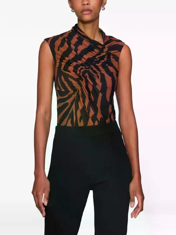 ET OCHS Zebra-print Ruched High Neck Sleeveless Bodysuit - Black