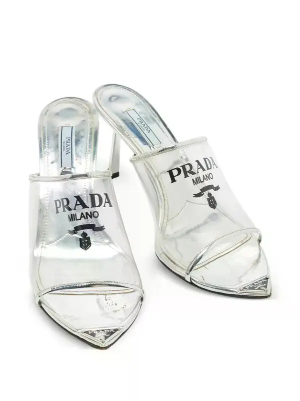 Prada Tone Metallic Triangle Logo Slide Sandals - Silver