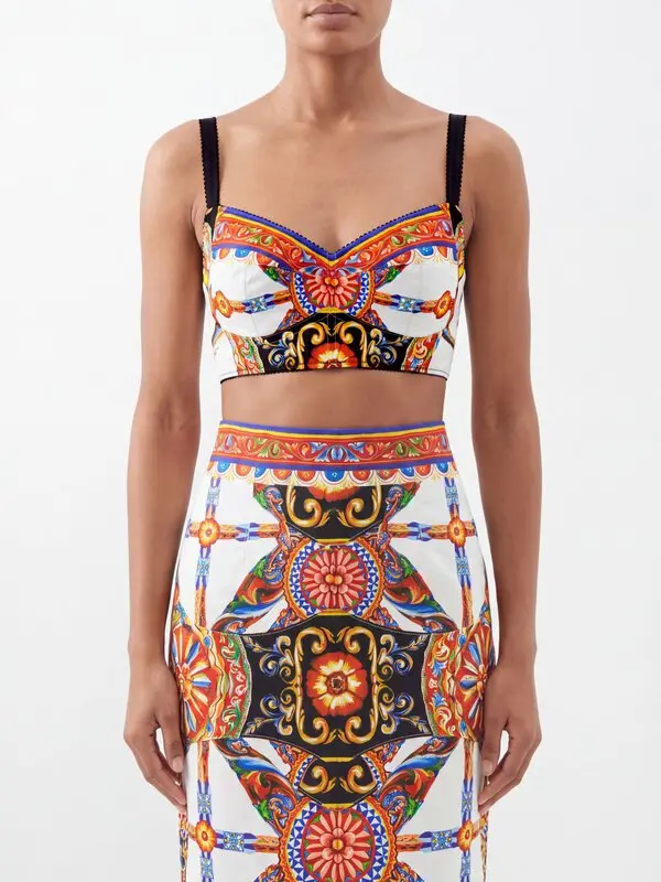 Dolce & Gabbana Cropped Cotton-blend Bustier With Carretto Siciliano Print - Multicolor