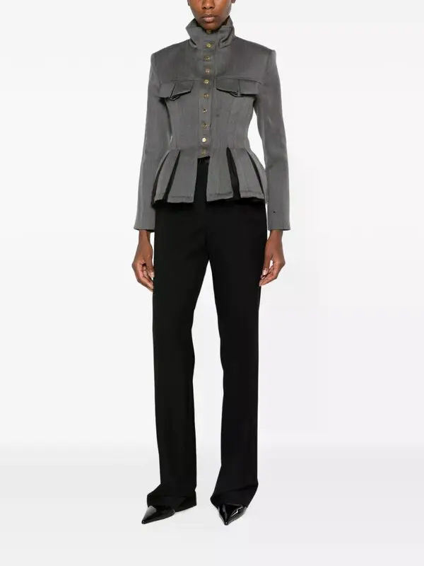Elisabetta Franchi Peplum Hem High Neck Fitted Jacket - Grey