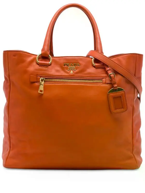 Prada 2013-2026 Vitello Daino Front Zip Open Convertible Tote Satchel - Orange