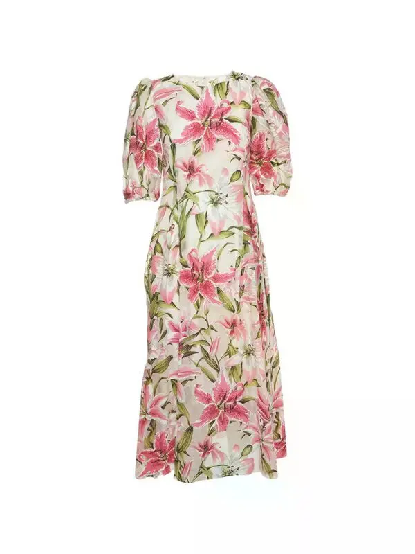 Dolce & Gabbana Lily-print Puff-sleeve Midi Dress - Neutrals
