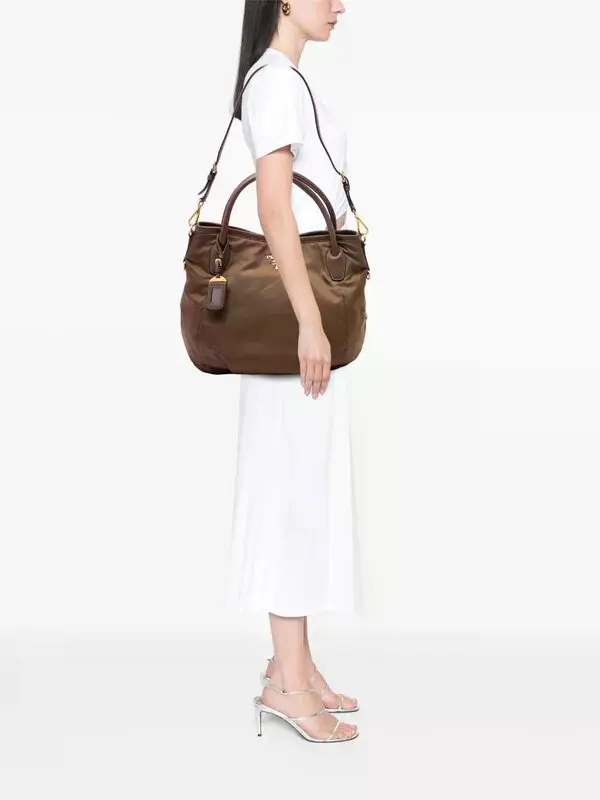 Prada Vitello Daino Trimmed Tessuto Satchel - Brown