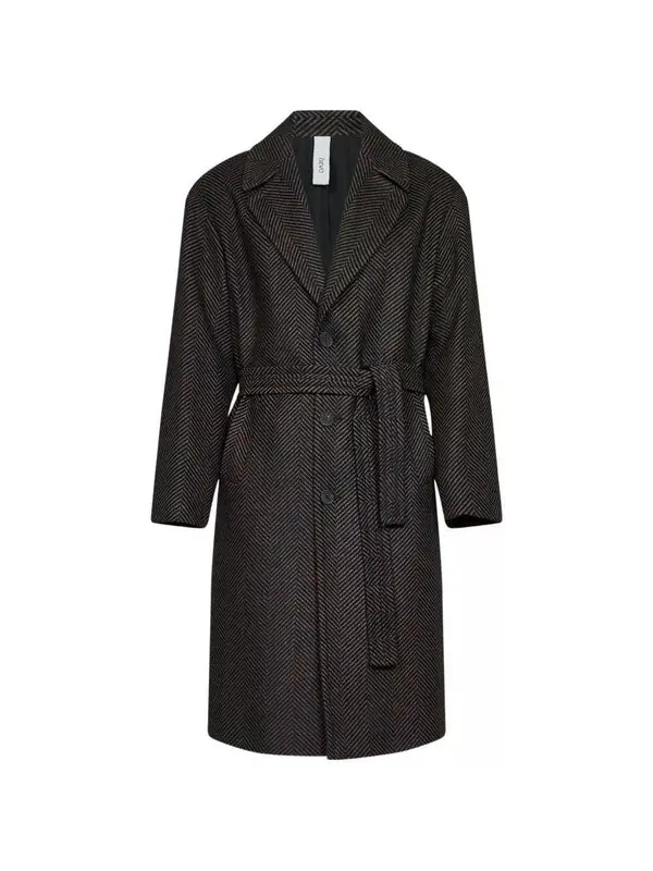 HEVO Belted Herringbone-pattern Coat - Black