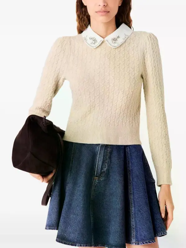 Maje Cable Knit Jumper With Rhinestone Embellished Collar