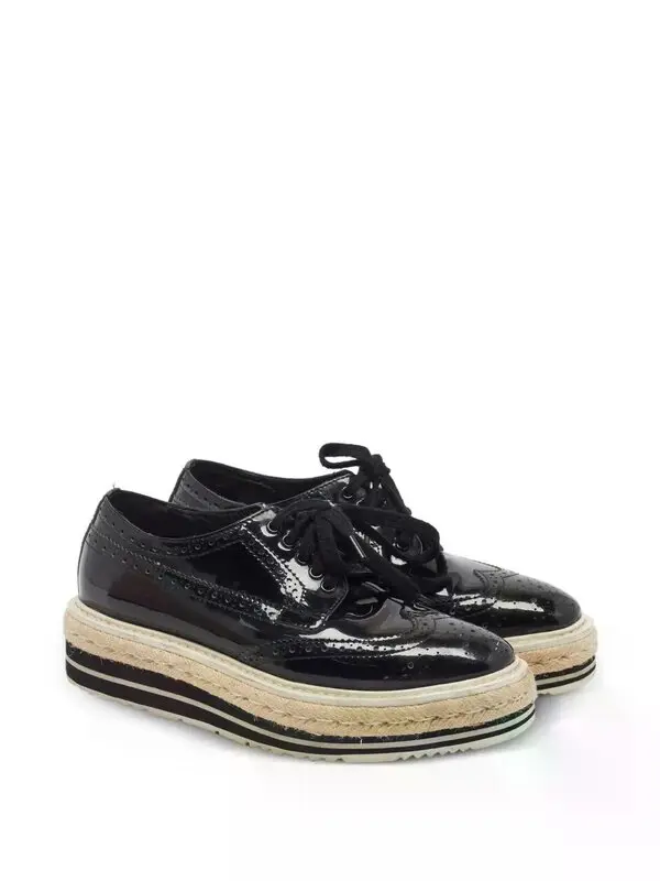 Prada Glossy Patent Leather Brogue Espadrille Platform Shoes