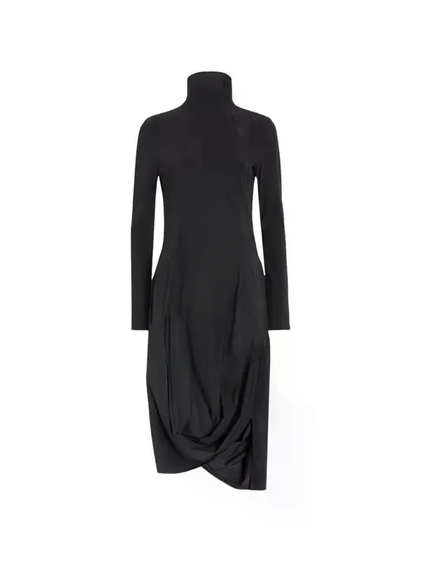 High Scattering Mock-neck Asymmetric Draped Mid-length Dress - Black