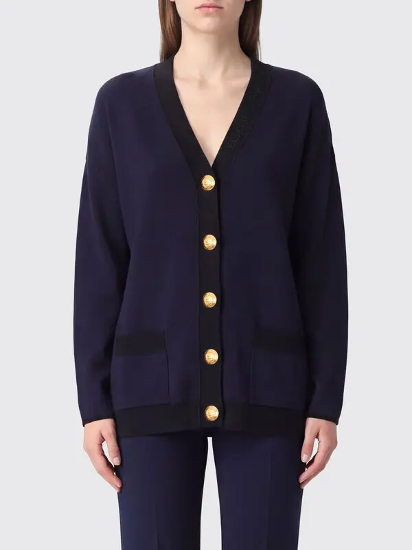 Elisabetta Franchi Virgin Wool Cardigan With Contrast Trims And Logo - Blue