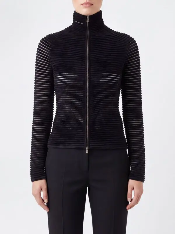 Giorgio Armani Viscose Blend Zip-up Slim Fit Turtleneck Cardigan - Black