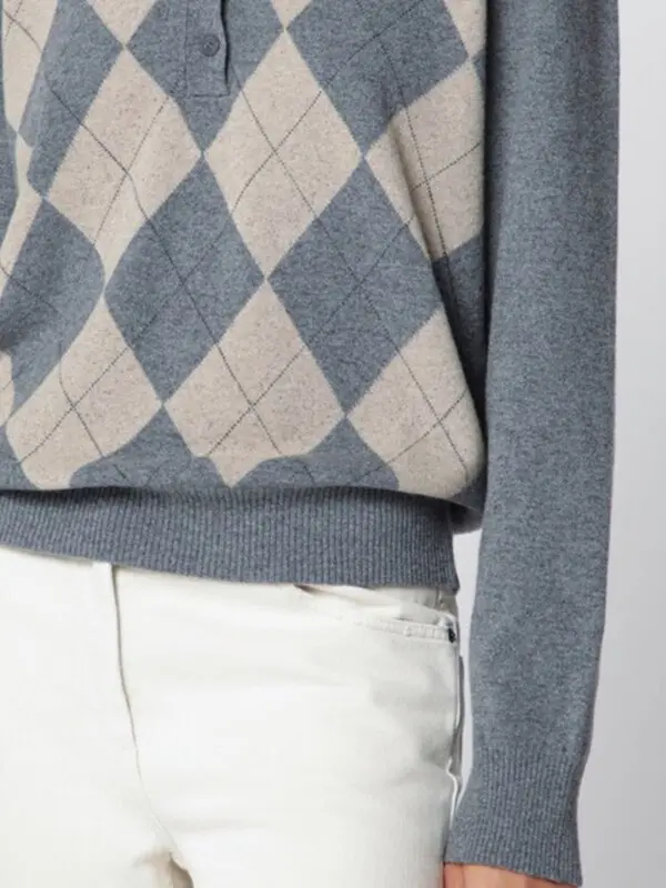 RÓHE Argyle Wool & Silk Blend Knit Polo - Grey 1