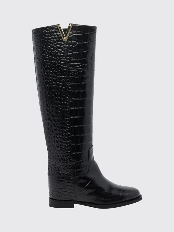 VIA ROMA 15 Crocodile-embossed Leather Knee-high Wedge Boots - Black