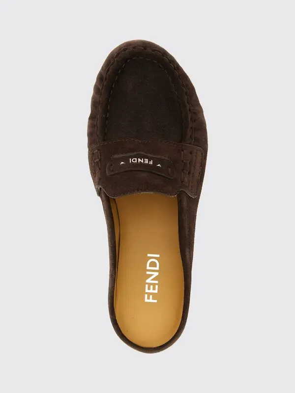 Fendi Scrunch Suede Calfskin Mules With Metallic Lettering Logo