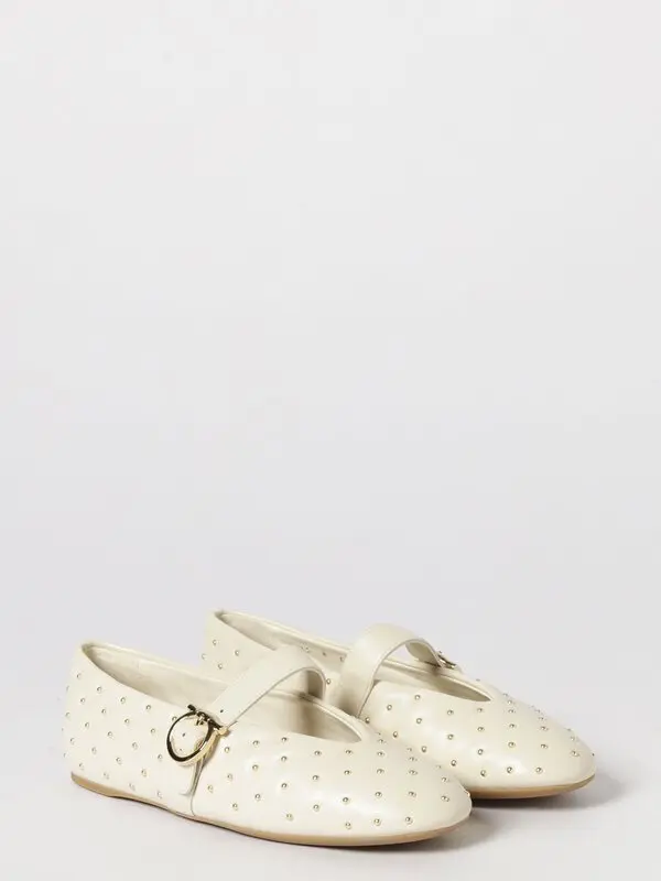 FERRAGAMO Gancini Buckle Studded Nappa Leather Mary Jane Flats - Ecru
