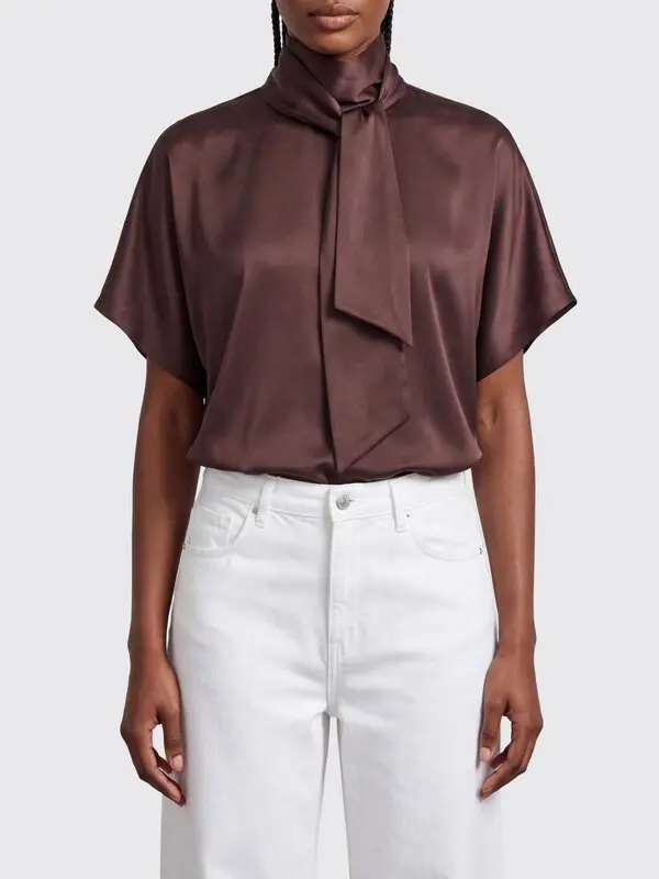 Brunello Cucinelli High Neck Blouse With Tie Detail - Coffee