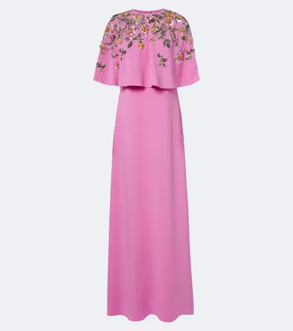 Oscar De La Renta Caped Floral Silk-blend Georgette Gown